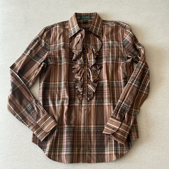 Lauren Ralph Lauren | Tops | Lauren Ralph Lauren Brown Plaid Ruffle ...